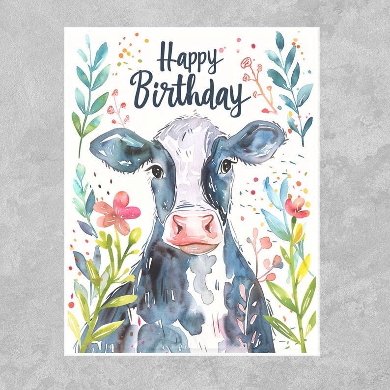 Happy Birthday Cow Card, Playful Farm Animal Greeting, Watercolor Cow ...