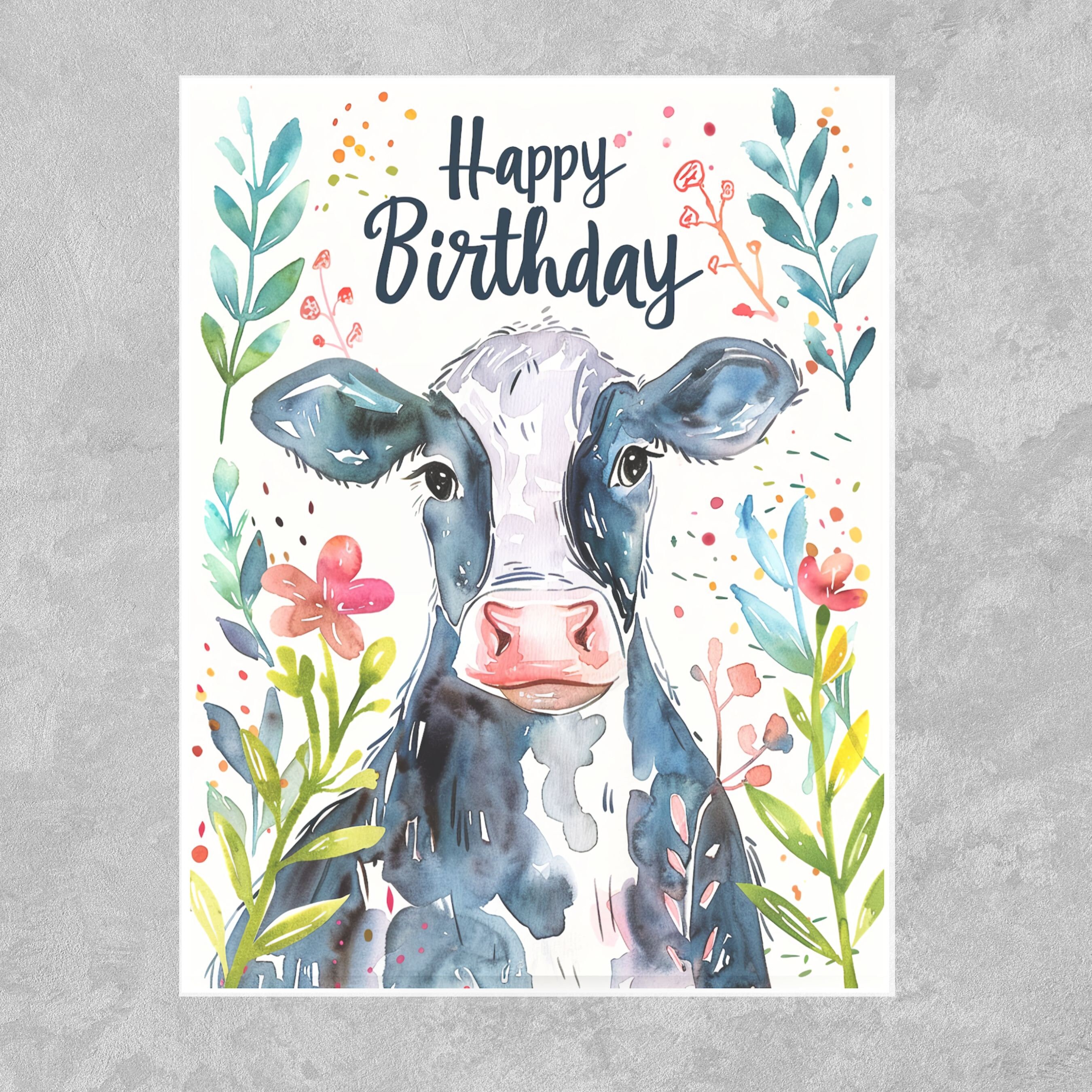Happy Birthday Cow Card, Playful Farm Animal Greeting, Watercolor Cow ...