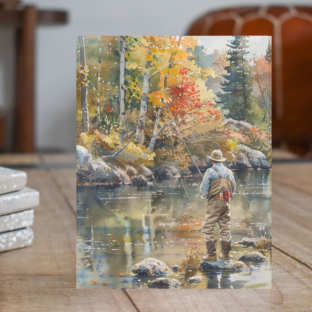 Fly Fishing Greeting Card, Autumn River Scene, Fisherman in Nature ...