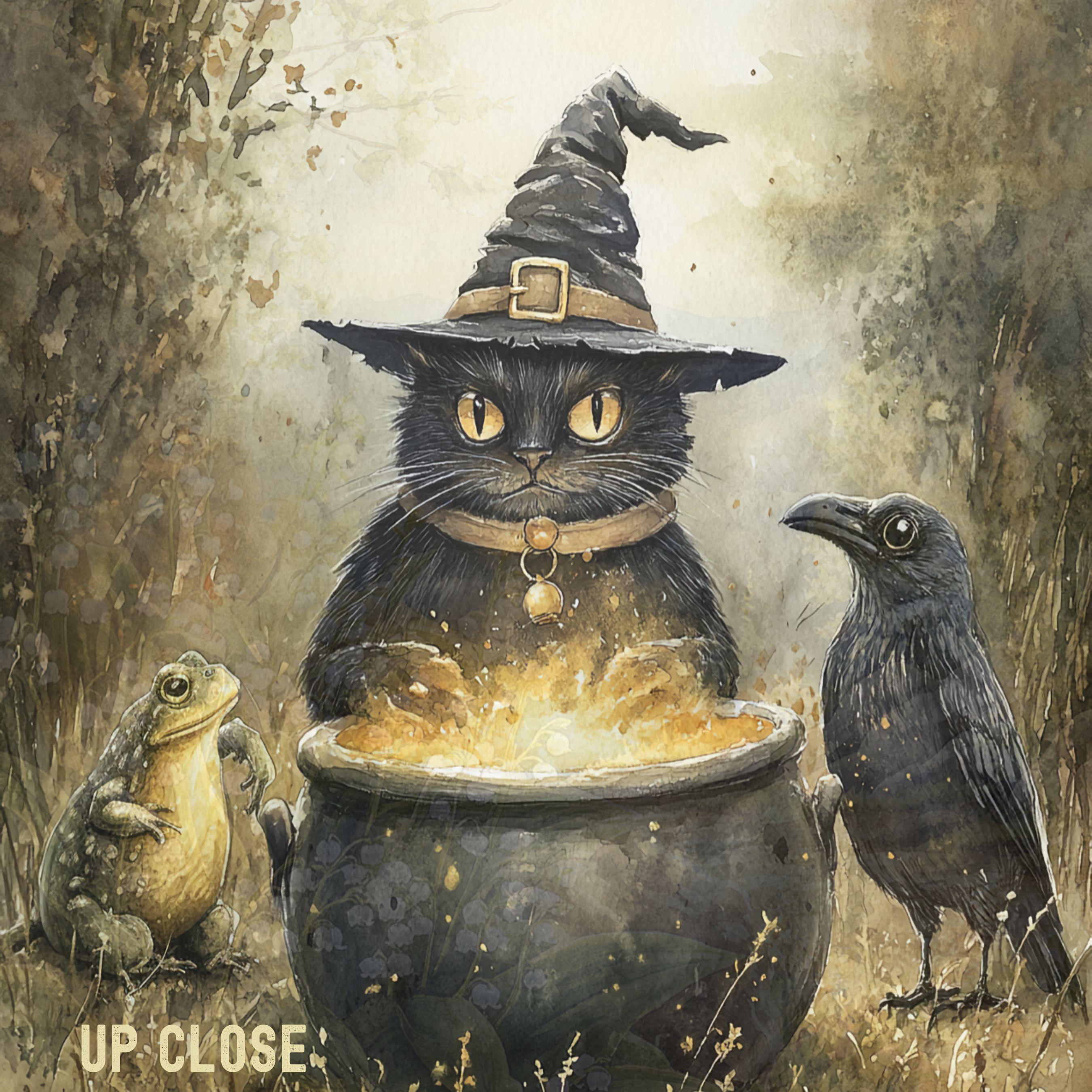 Familiars at the Cauldron, Witchy Cat With Raven & Toad, Magical Spell ...