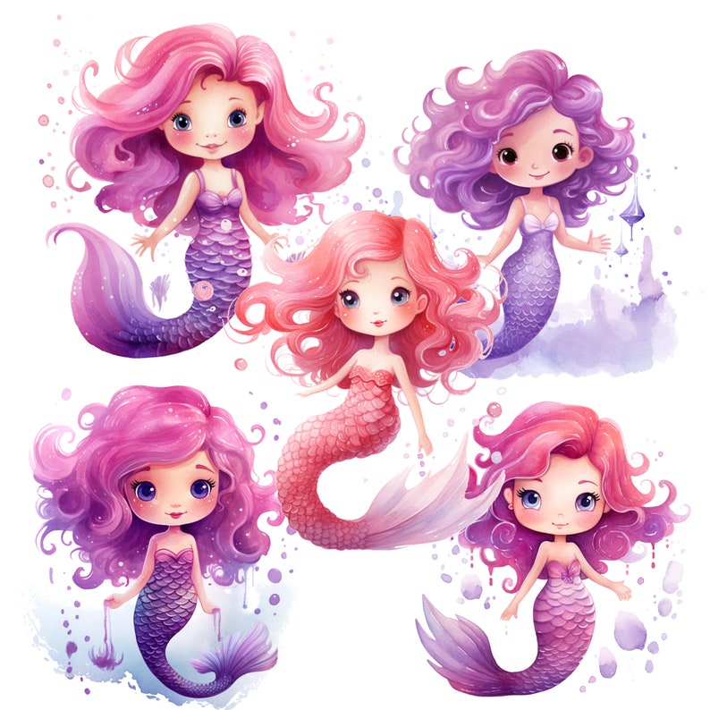 Mermaid Clipart Bundle Watercolor Cute 300 DPI PNG Sea Life Instant ...