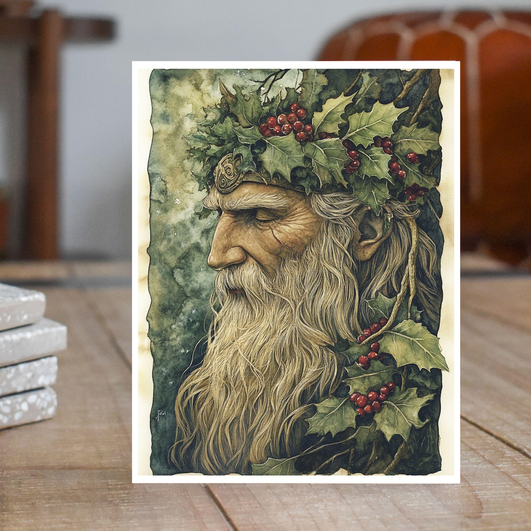 Pagan Yule Holly King Watercolor Art Print Winter Solstice Decor, Yule ...