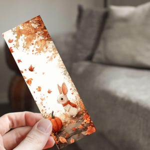 Fall Bunny and Pumpkin Bookmark, Cozy Scarf, Autumn Leaves, Whimsical ...