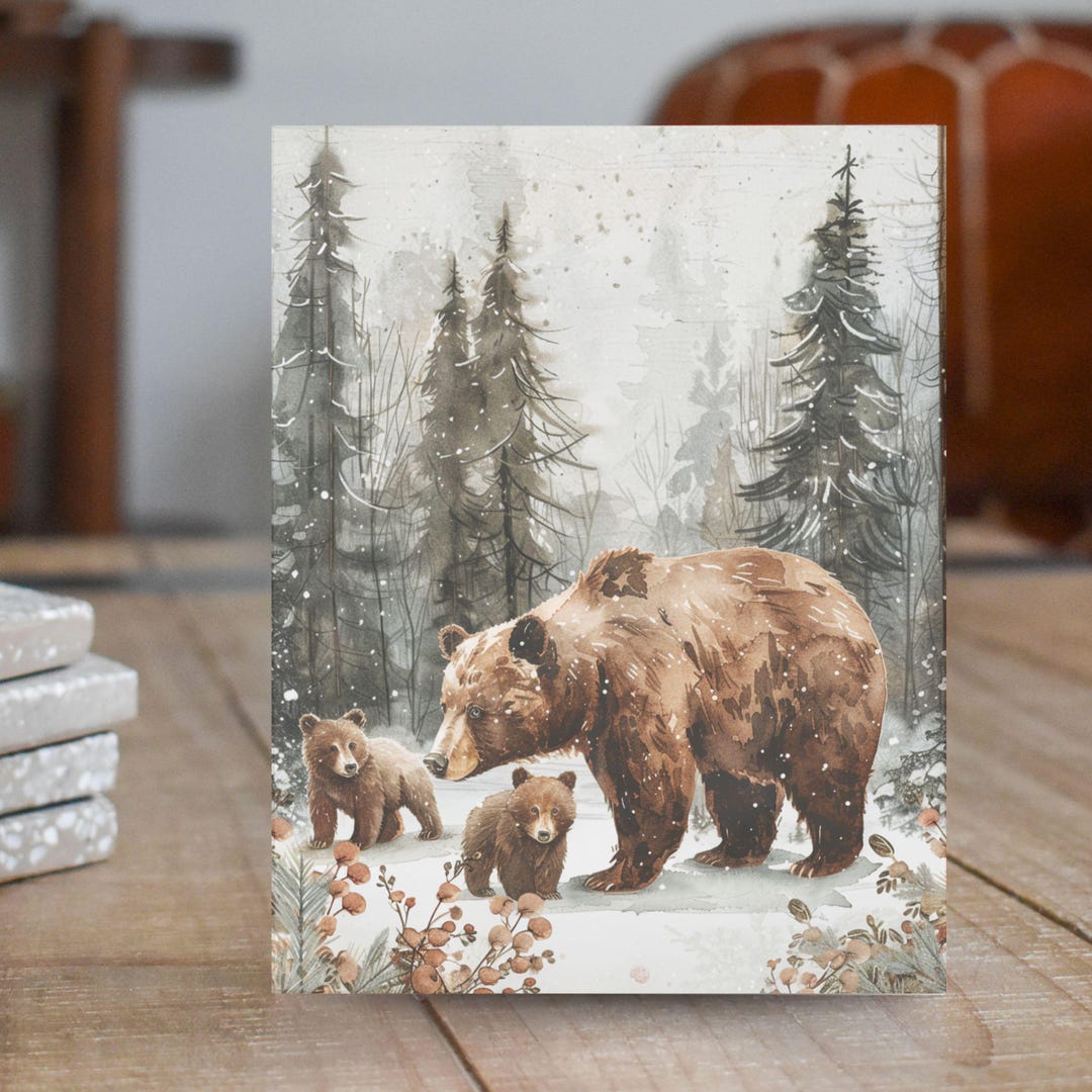 Winter Bears Christmas Card, Watercolor Bears in Snowy Forest, Greeting ...