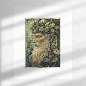 Pagan Yule Holly King Watercolor Art Print Winter Solstice Decor, Pagan ...