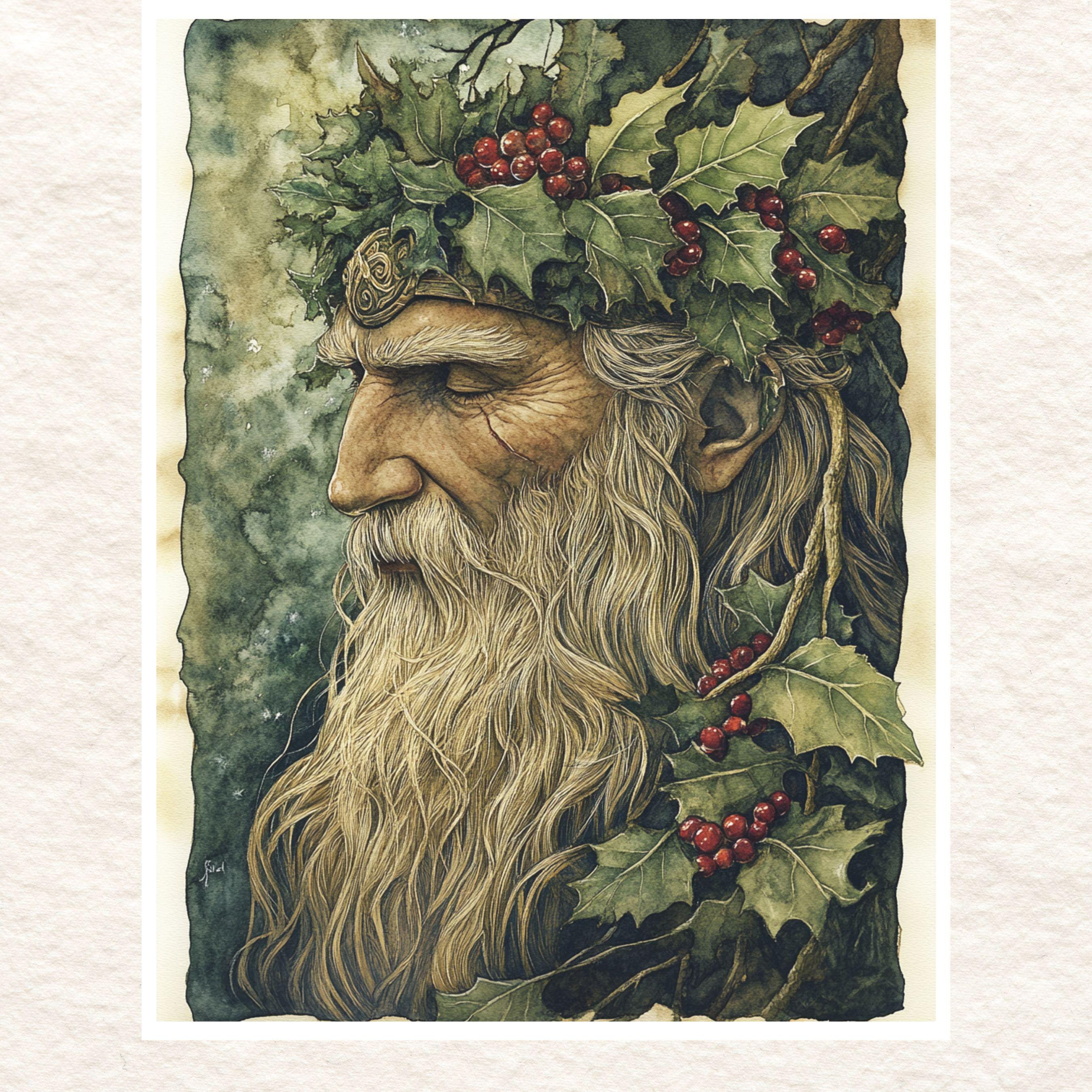 Pagan Yule Holly King Watercolor Art Print Winter Solstice Decor, Yule ...