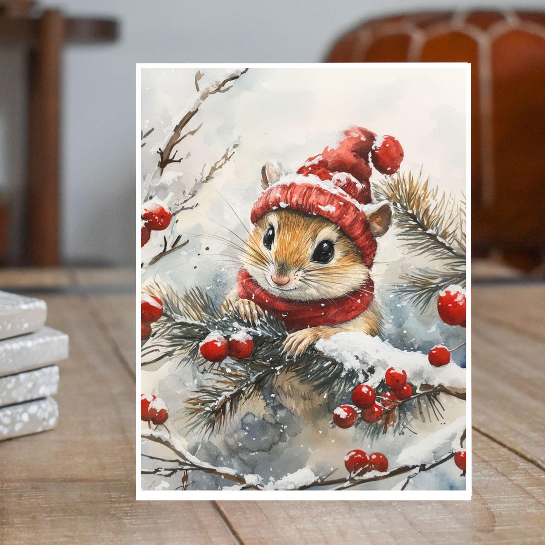 Christmas Dormouse Card, Watercolor Mouse Holiday Card, Winter Woodland ...
