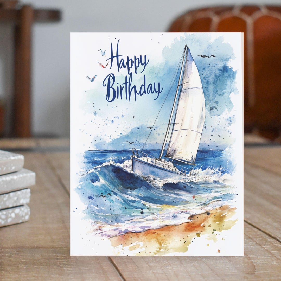 Sailing Birthday Card, Ocean Waves Birthday Greeting, Nautical Happy ...