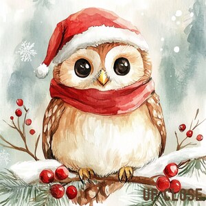 Watercolor Christmas Owl Card, Adorable Holiday Greeting, Festive Owl ...