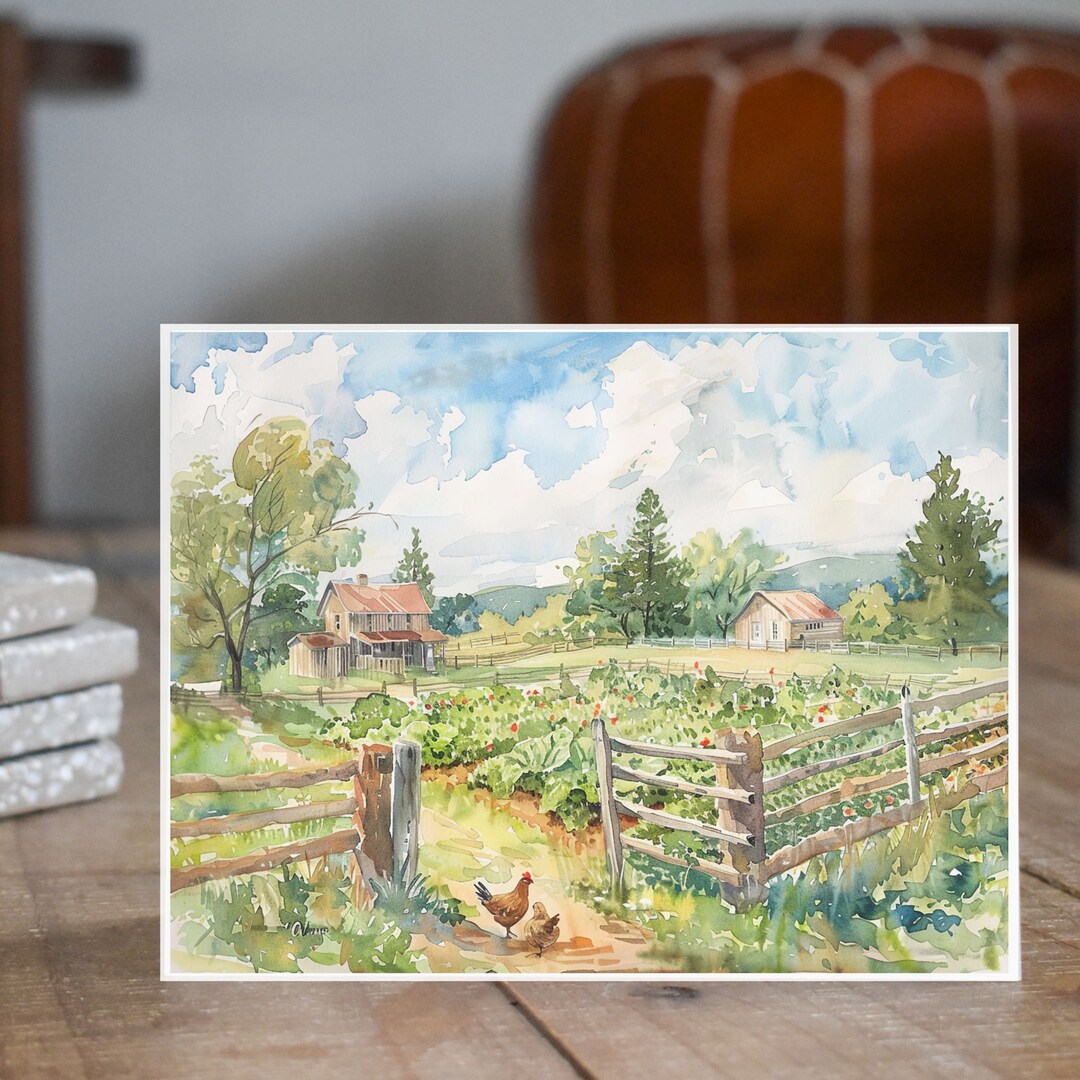 Rustic Farm Greeting Card, Homestead Watercolor Scene, Country Garden ...