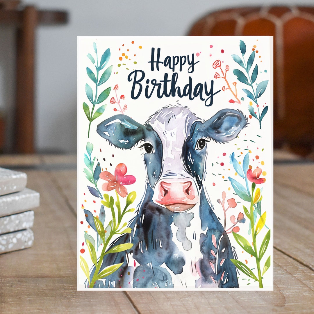 Happy Birthday Cow Card, Playful Farm Animal Greeting, Watercolor Cow ...