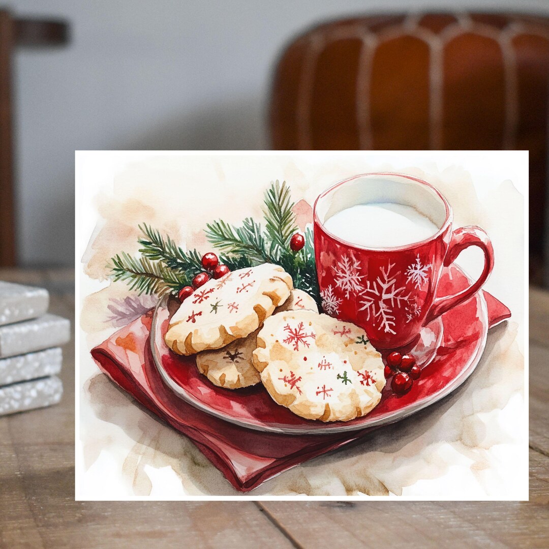 Santa’s Milk & Cookies Christmas Holiday Greeting, Watercolor Print ...