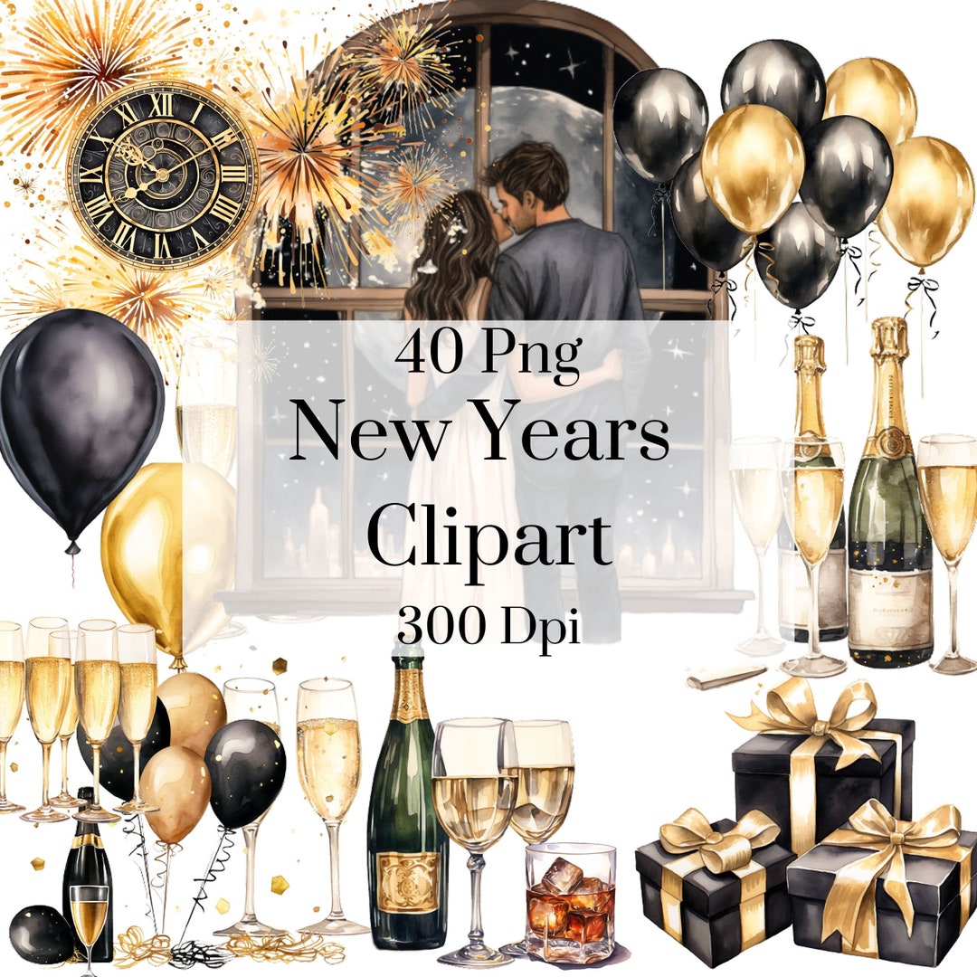 New Year Clip Art Digital 2024 Black & Gold Celebration Party PNG ...