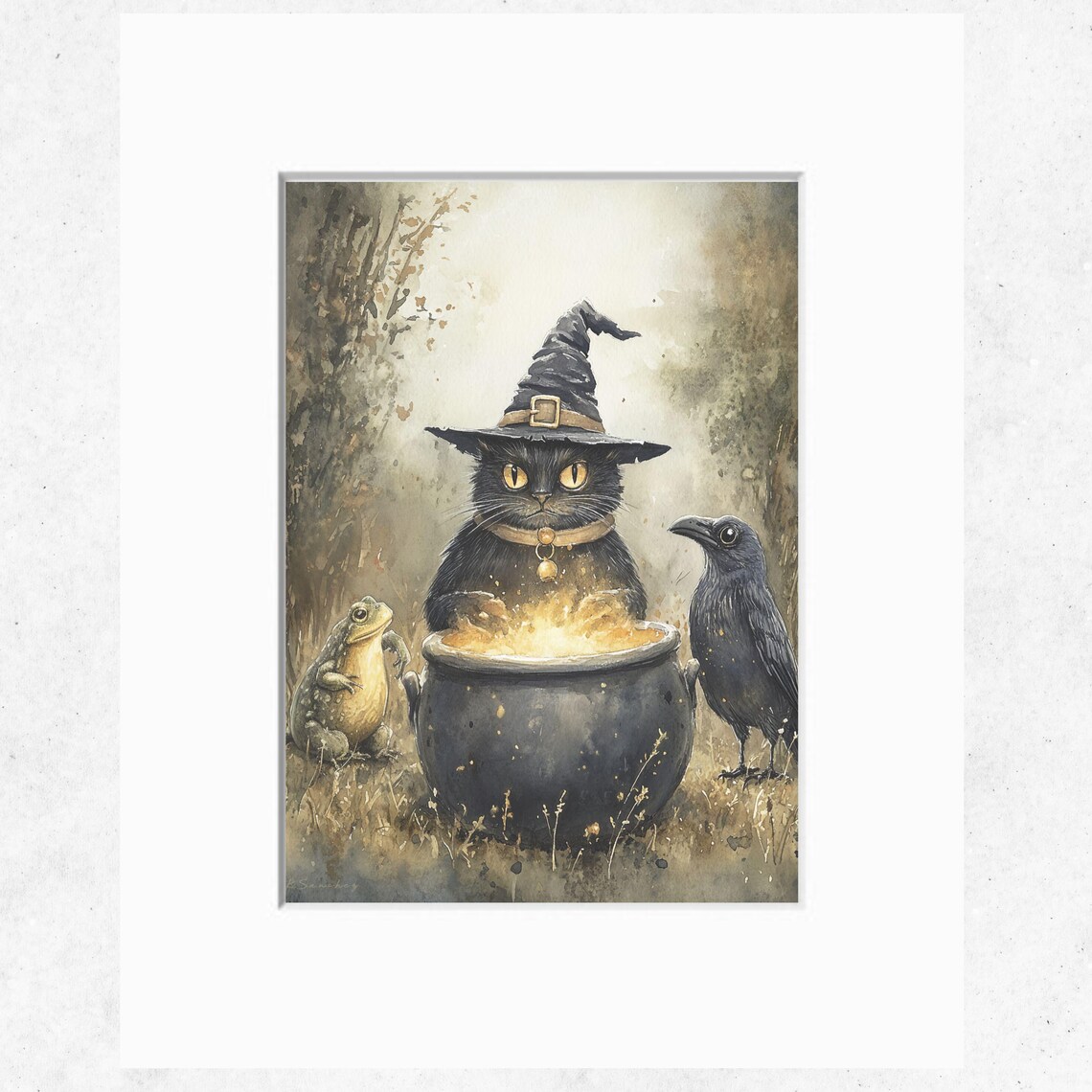 Familiars at the Cauldron, Witchy Cat With Raven & Toad, Magical Spell ...