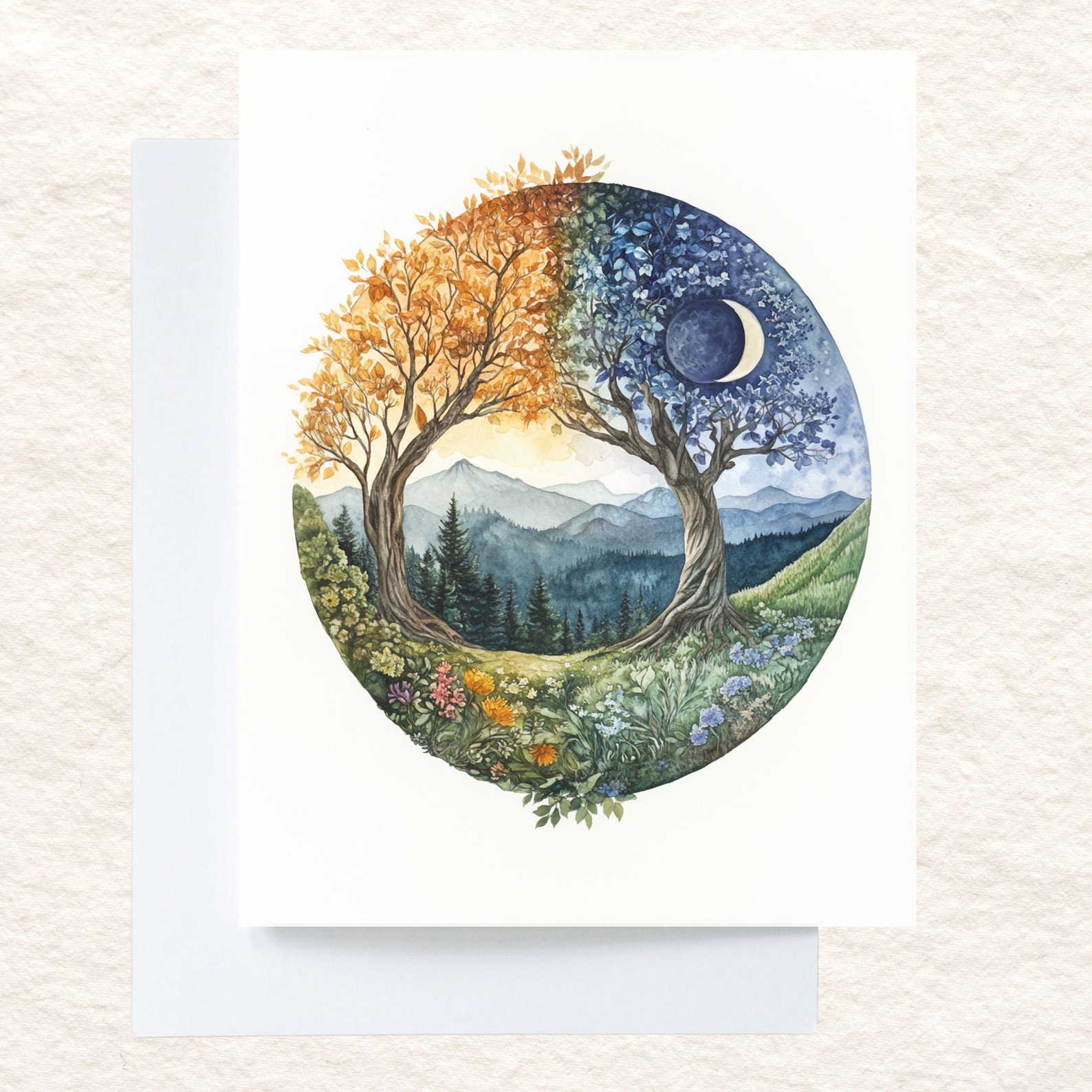 Watercolor Pagan Wheel of the Year Card, Seasonal Cycle Art, Greeting ...
