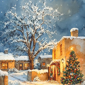 Santa Fe Christmas Eve Card, Southwest Holiday Art Print, Festive Adobe ...