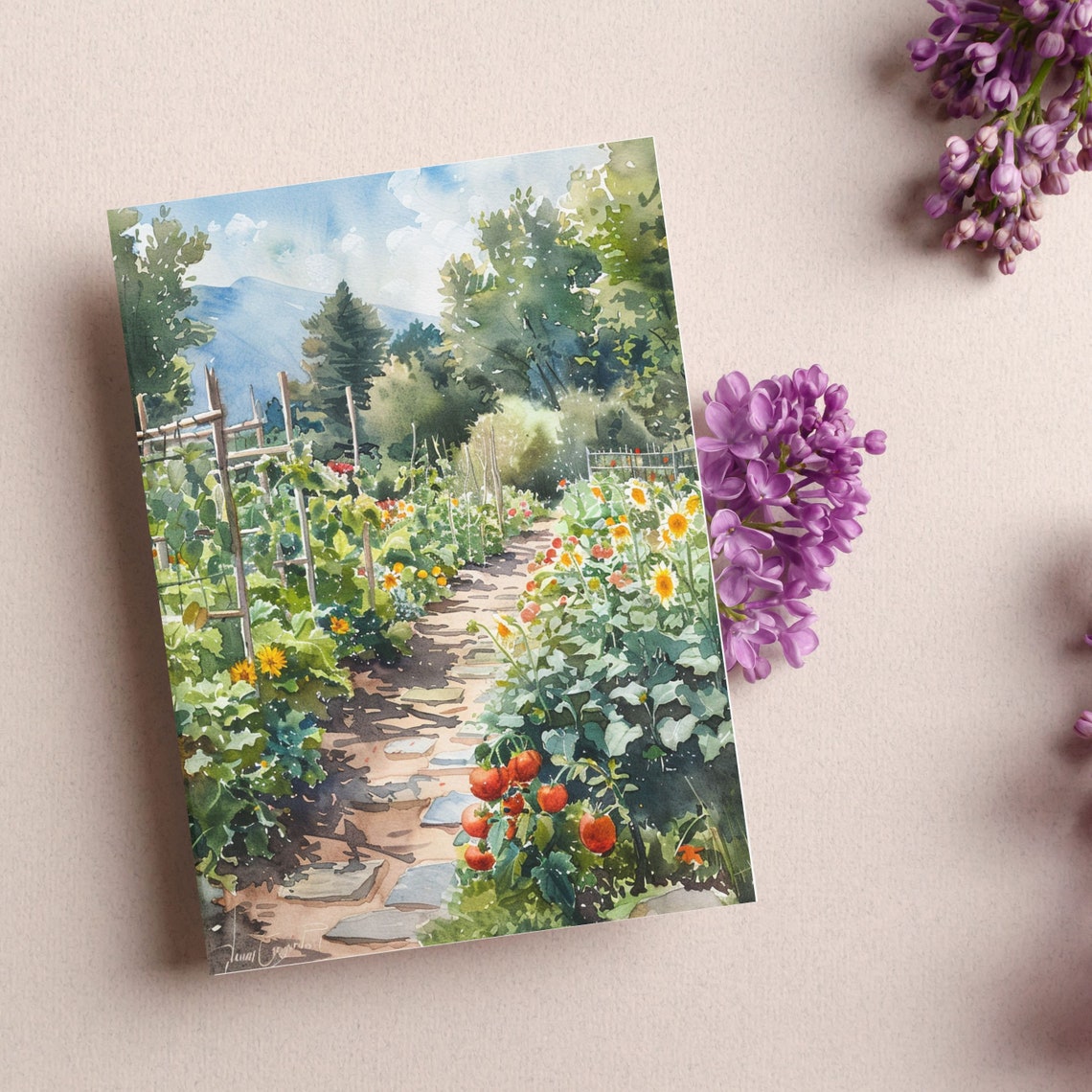 Watercolor Summer Garden, Note Card Greeting, Thank You, All Occasion ...