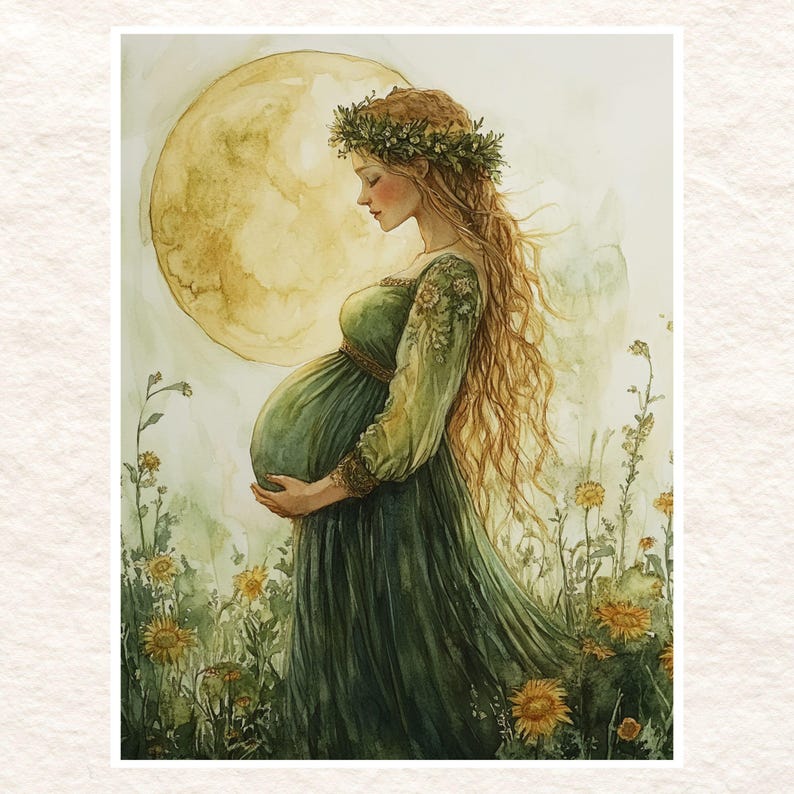 Blooming Beneath the Moon Card, Watercolor Pregnant Woman, Nature and ...