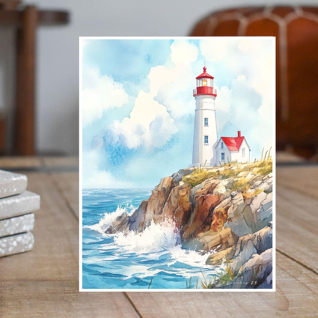 Guiding Light on the Cliffs - Coastal Lighthouse Watercolor Handmade ...