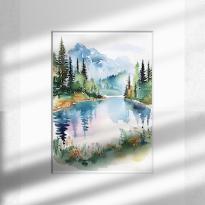 Watercolor Blue Mountain Lake Scene, Forest Reflections, Watercolor Art ...