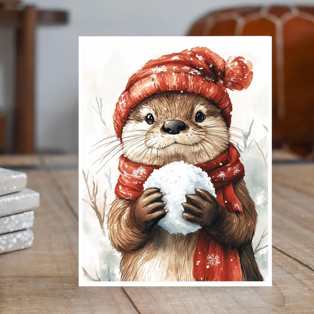 Watercolor Christmas Otter Card, Holiday Greeting With Adorable Otter ...