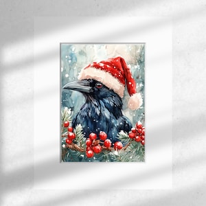 Watercolor Holiday Raven Art Print, Christmas Raven Decor, Festive ...