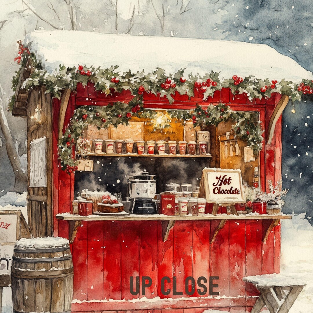 Watercolor Country Christmas Hot Chocolate Booth Art Print, Rustic Holiday Decor, Festive Winter ...
