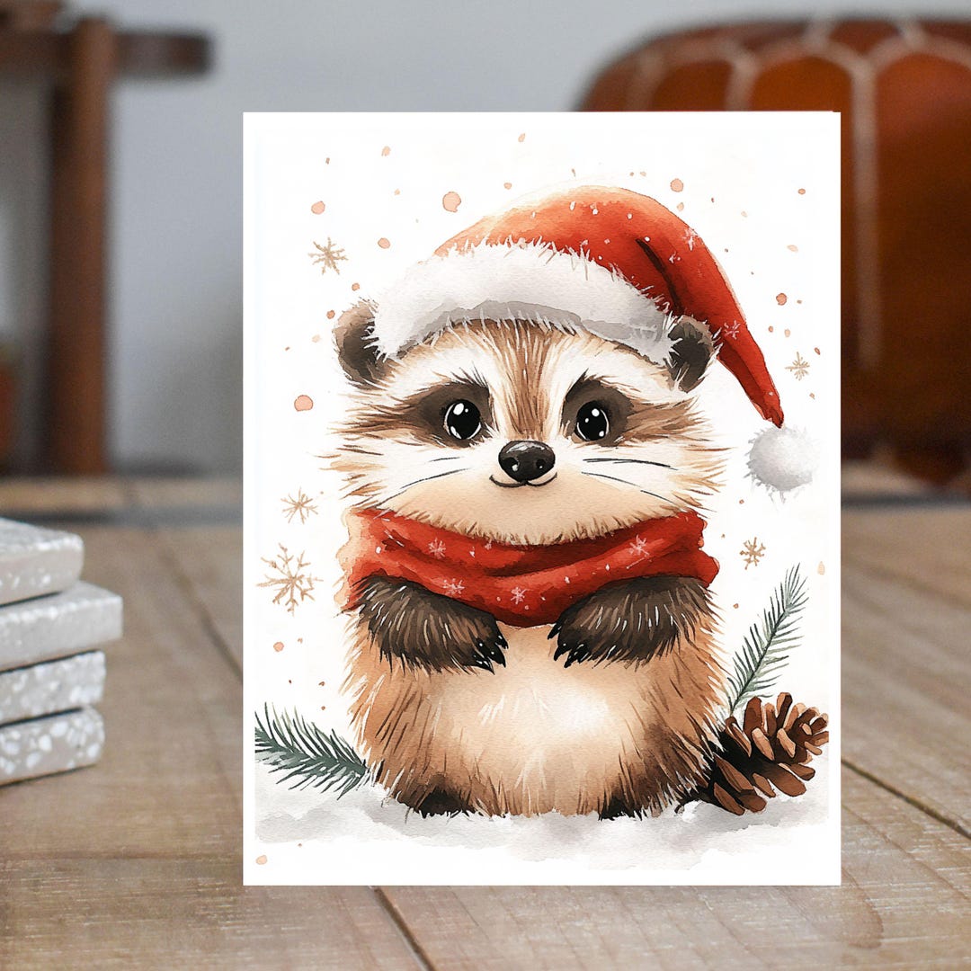 Watercolor Christmas Badger Card, Adorable Holiday Greeting, Festive ...