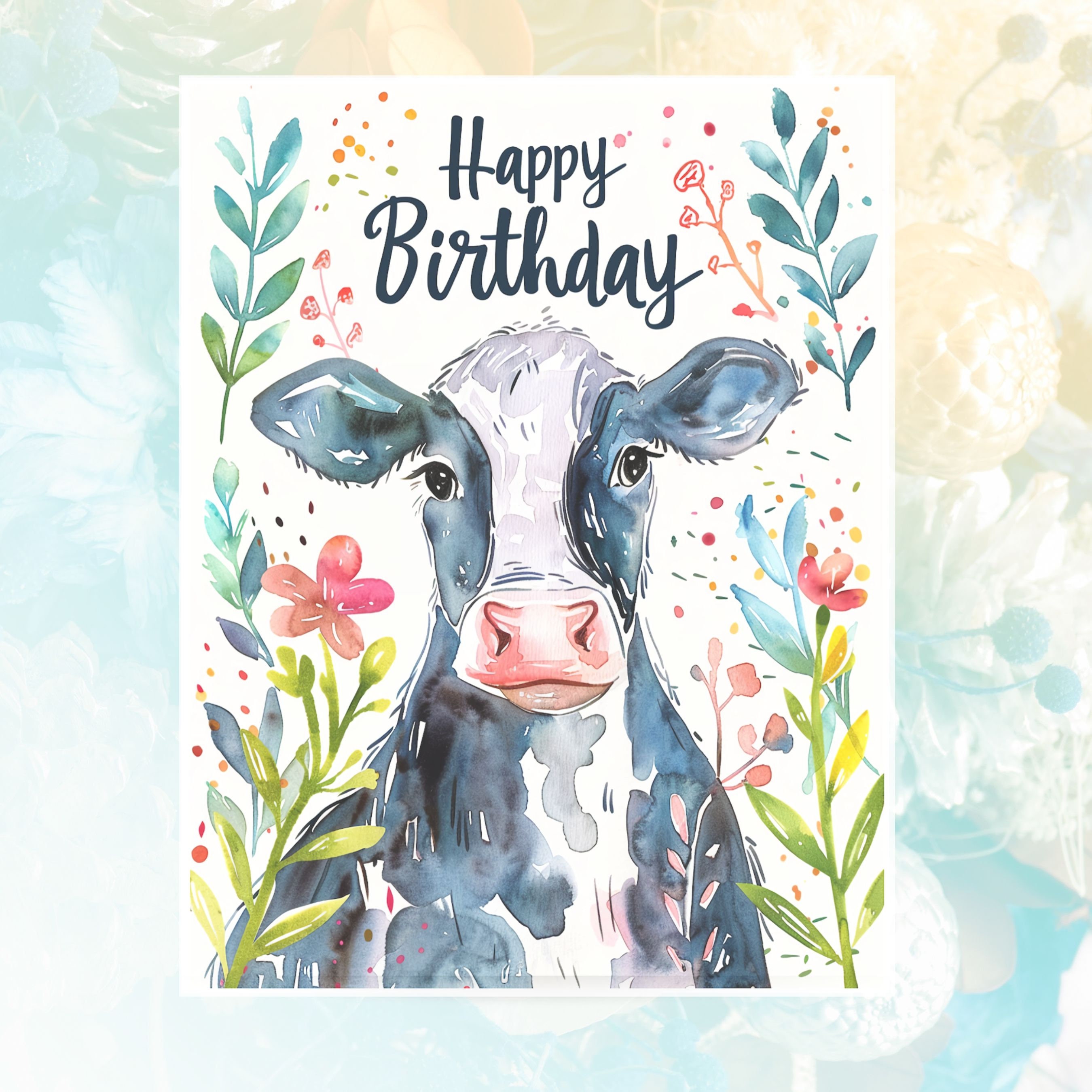 Happy Birthday Cow Card, Playful Farm Animal Greeting, Watercolor Cow ...