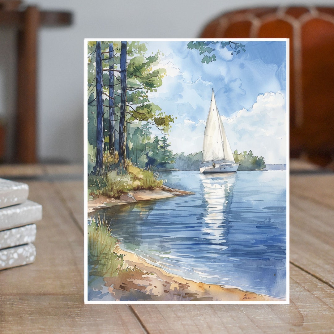 Sailing on the Lake Watercolor Card, Note Card Greeting, Thank You, All ...