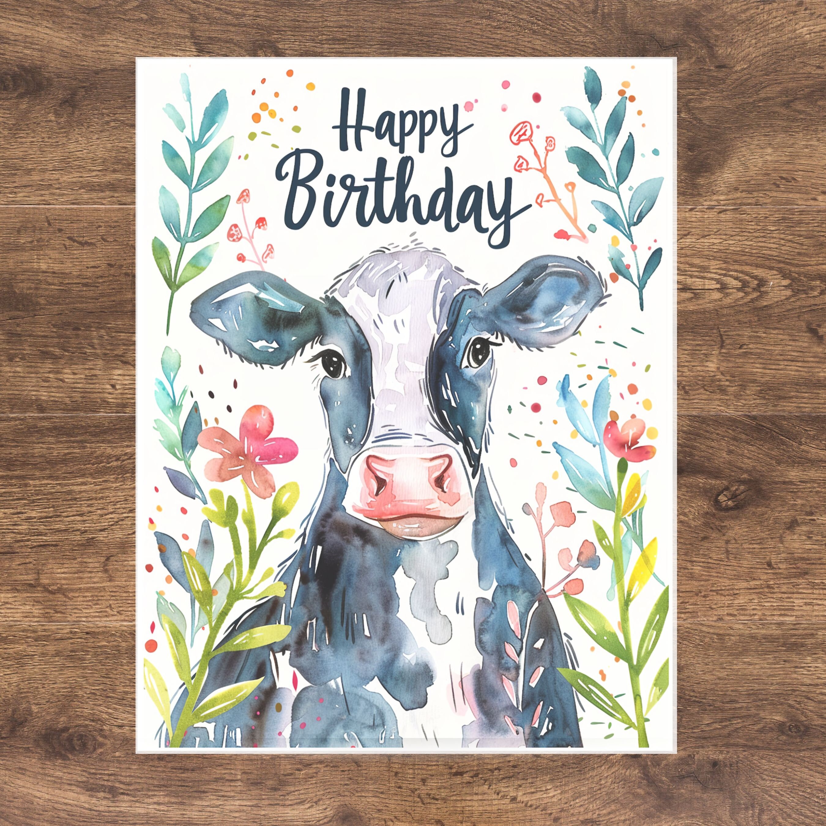 Happy Birthday Cow Card, Playful Farm Animal Greeting, Watercolor Cow ...
