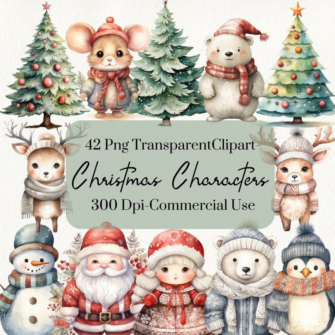 Watercolor Christmas Characters Clipart PNG Transparent Set 42 ...