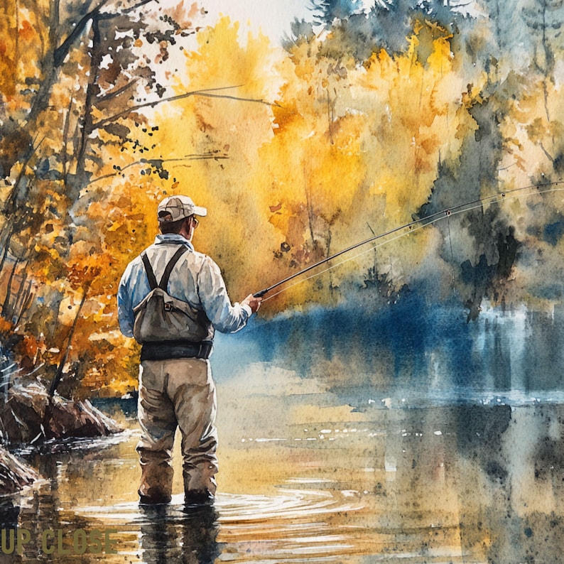 Fly Fishing Autumn Waters, Watercolor Fisherman in Forest, Handmade ...