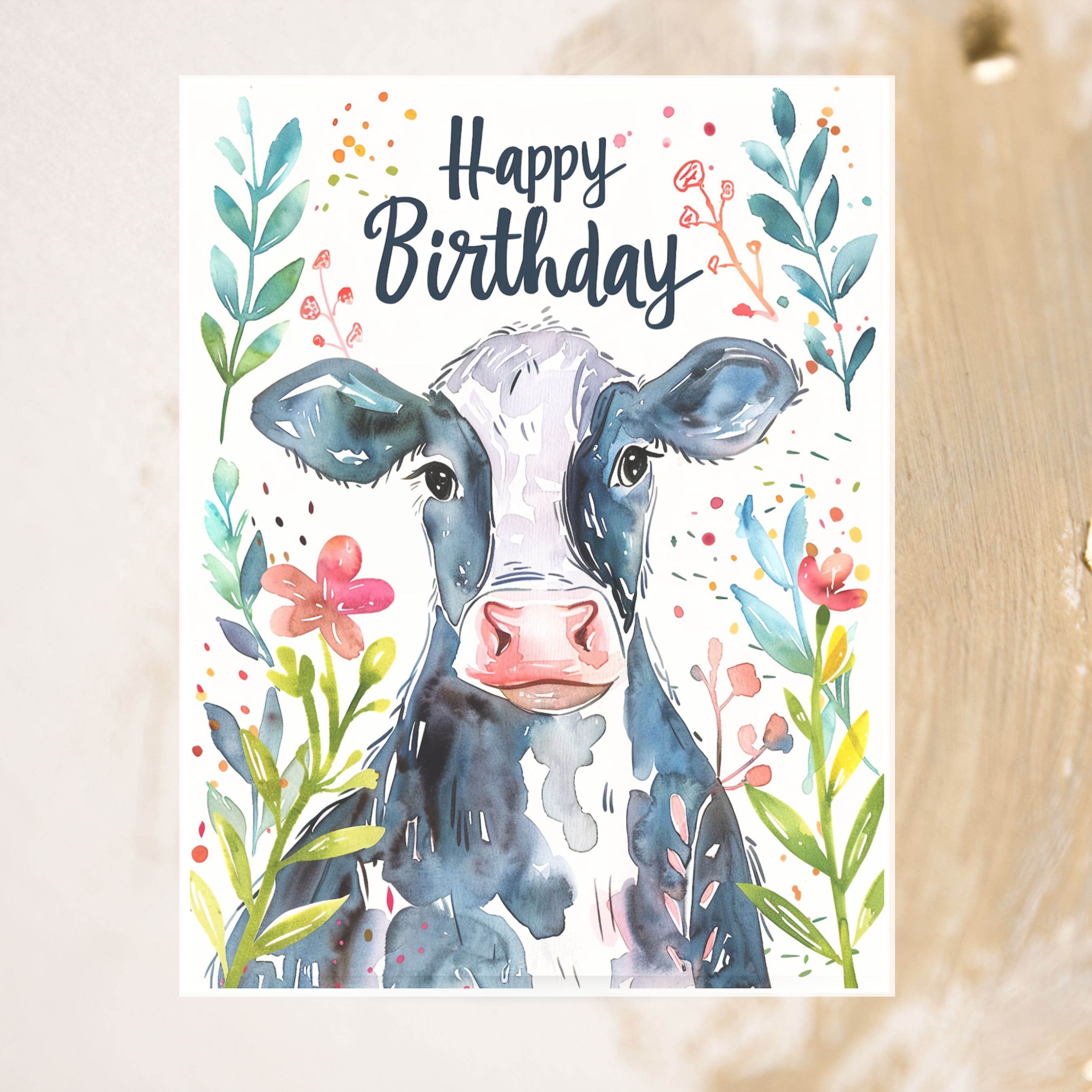 Happy Birthday Cow Card, Playful Farm Animal Greeting, Watercolor Cow ...