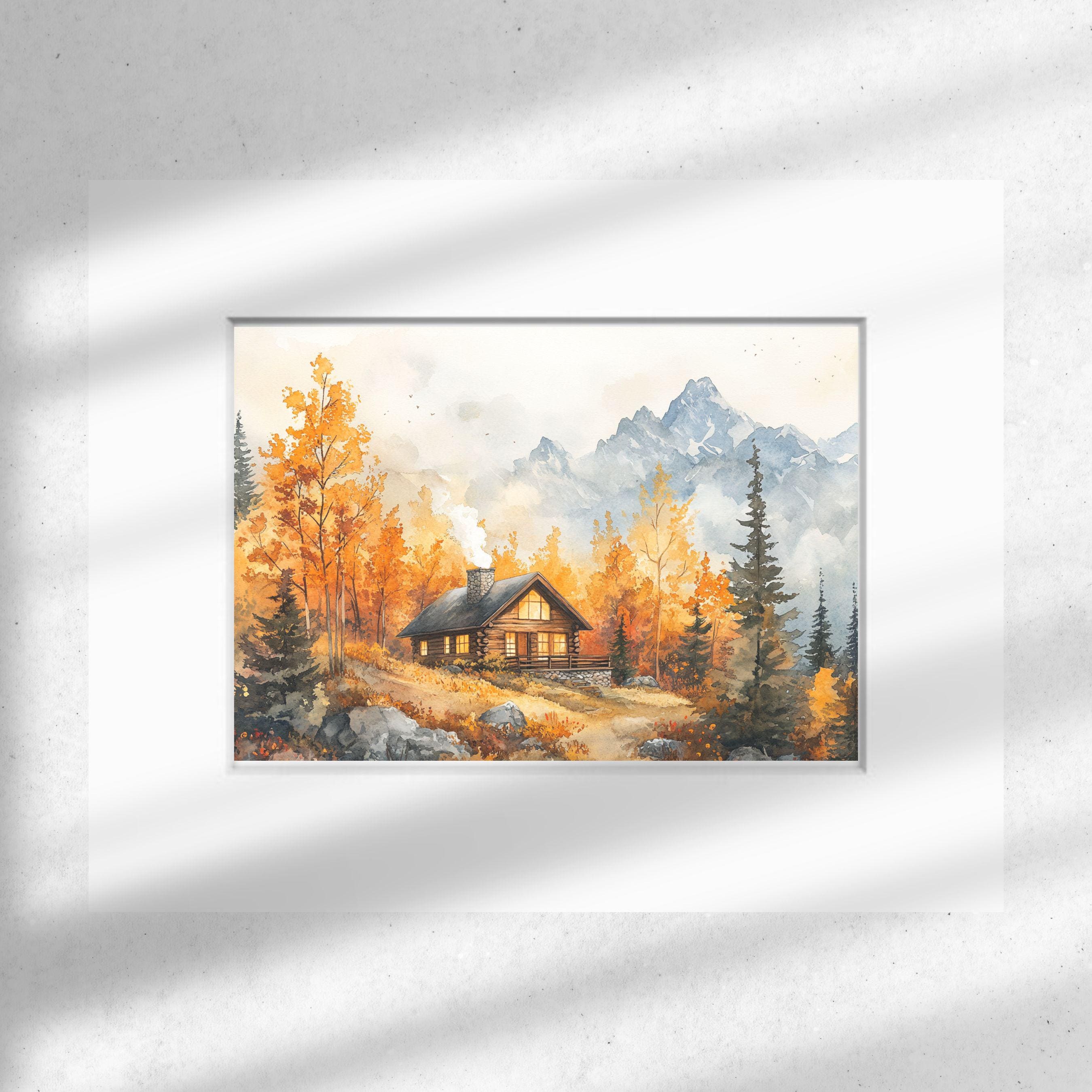 Autumn Mountain Cabin Art Print, Cozy Fall Nature Scene, Rustic ...