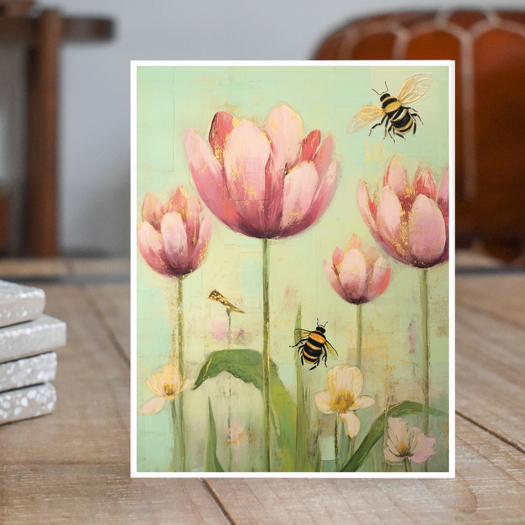 Tulip Flowers & Bees Greeting Card, Watercolor Painted Flowers and Bees ...