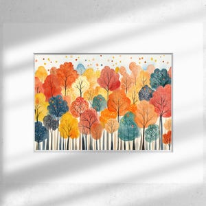 Fall Trees Watercolor Art Print, Autumn Nature Decor, Colorful Forest ...