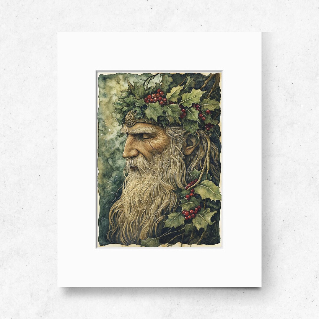 Pagan Yule Holly King Watercolor Art Print Winter Solstice Decor, Pagan ...