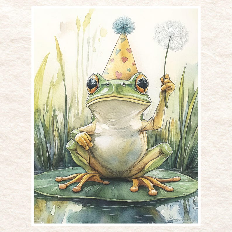 Make A Wish Card, Frog With Hat and Dandelion, Funny Whimsical Animal ...
