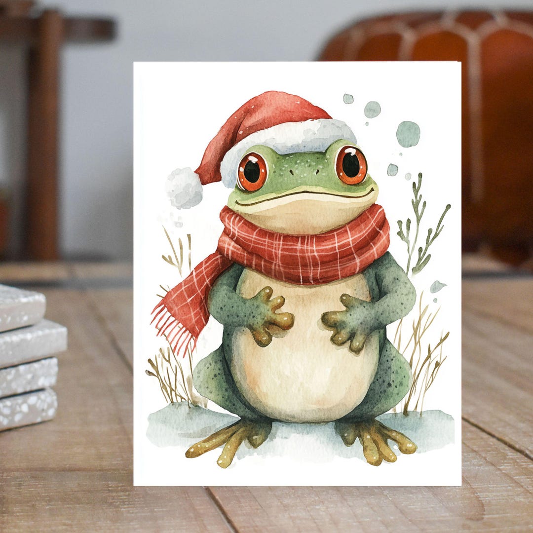 Watercolor Christmas Frog Card, Festive Holiday Greeting, Cute Frog in ...