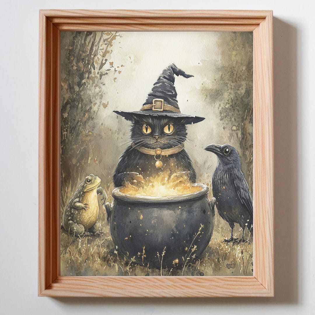 Familiars at the Cauldron, Witchy Cat With Raven & Toad, Magical Spell ...