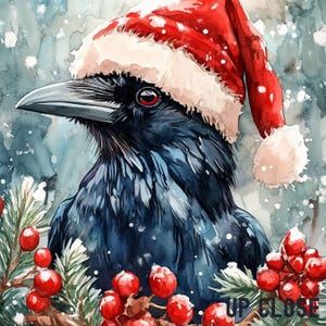 Watercolor Holiday Raven Art Print, Christmas Raven Decor, Festive ...