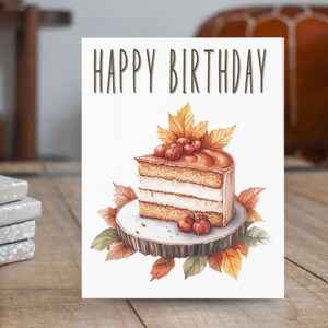 Autumn Theme Birthday Card, Watercolor Cake Illustration, Seasonal ...