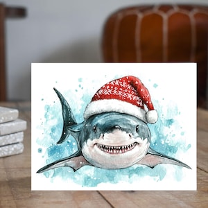 Watercolor Santa Shark Christmas Card, Holiday Shark Greeting, Cute ...
