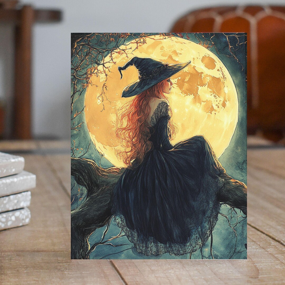 Full Moon Witch in Dark Forest Watercolor Art Print Halloween Decor ...