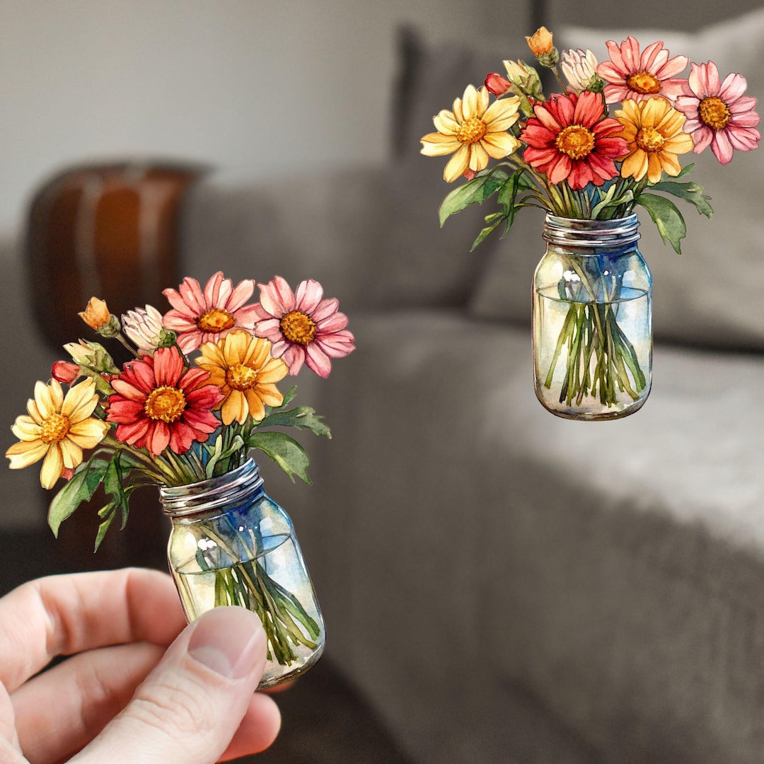 Watercolor Mason Jar Farmhouse Flowers Vinyl Sticker, Rustic Floral ...