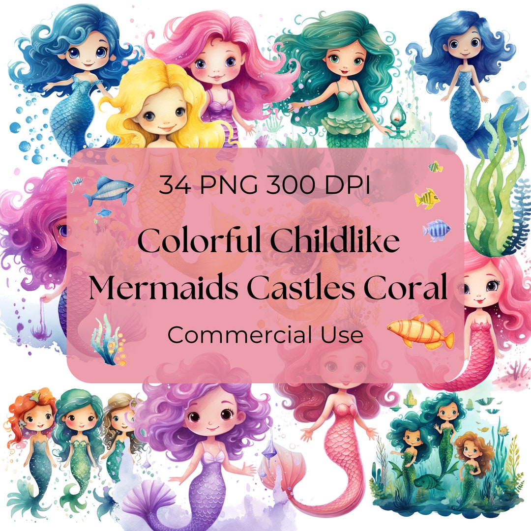 Mermaid Clipart Bundle Watercolor Cute 300 DPI PNG Sea Life Instant ...