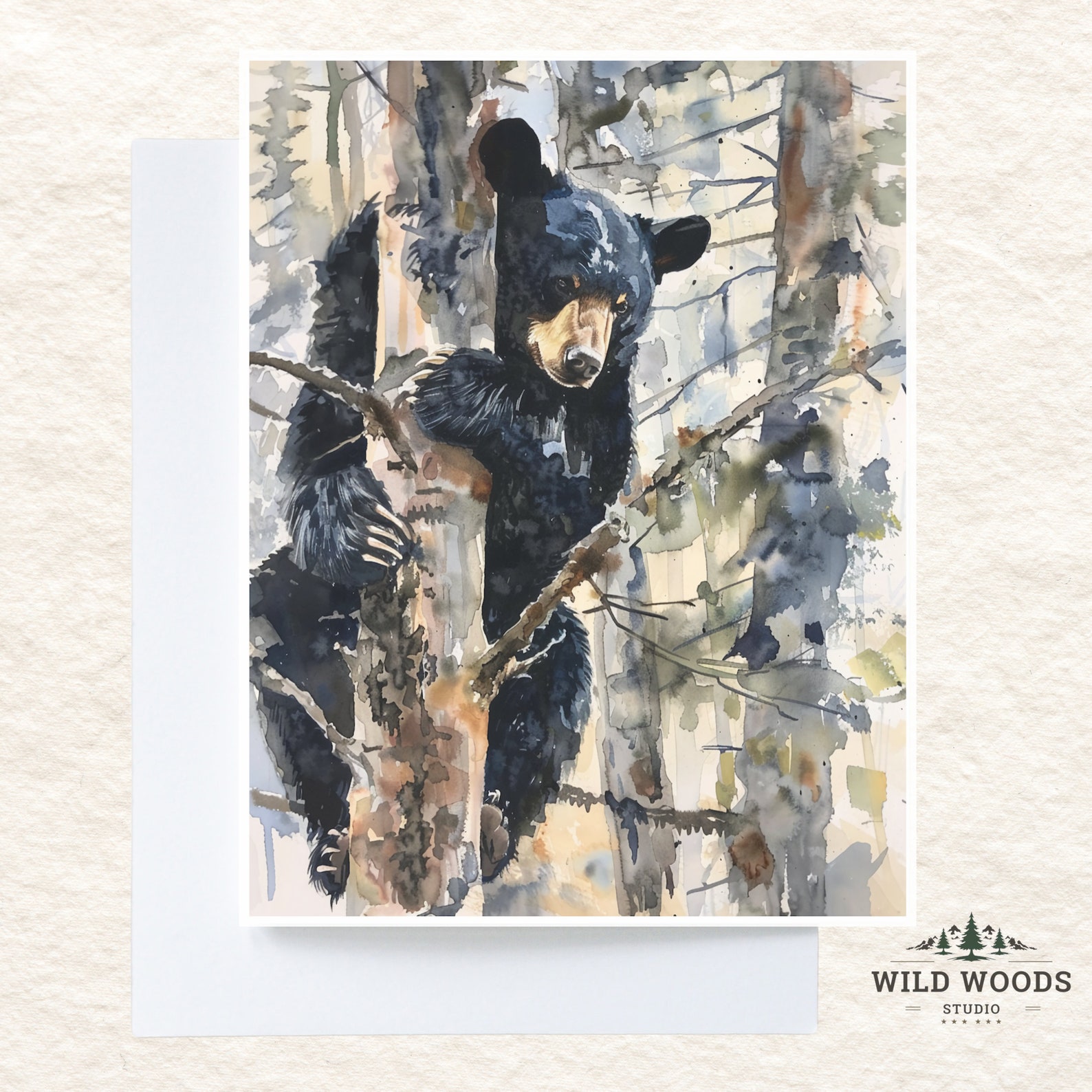 Watercolor Wildlife Black Bear in Forest, Nature Illustration Greeting ...