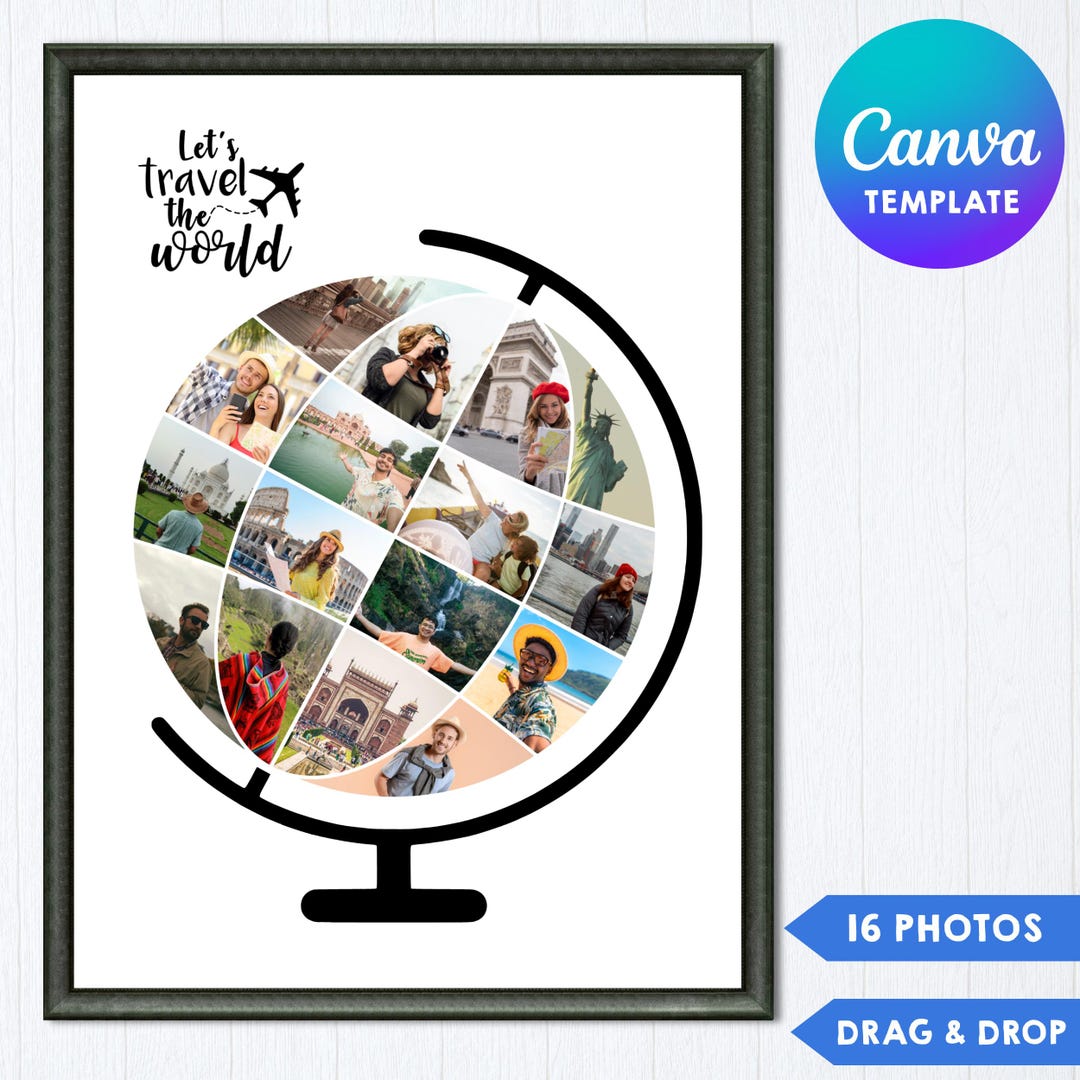 Travel Globe Photo Collage Canva Template, Personalized Travel Gift, 16 ...