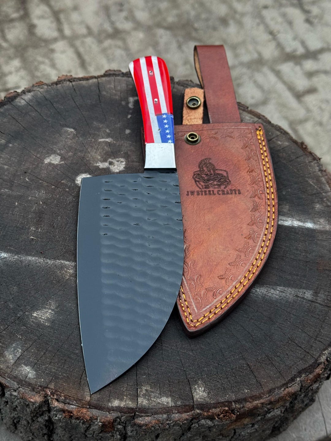 Custom Chopper Knife With American Flag – Black Butcher Blade & Sheath ...